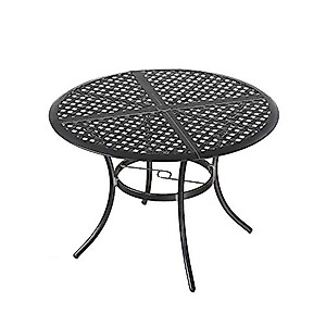 LOKATSE HOME 42.1" Outdoor Round Cast Wrought Iron Patio Metal Dining Table with Umbrella Hole, Steel Frame for Backyard Lawn Balcony Deck, Black