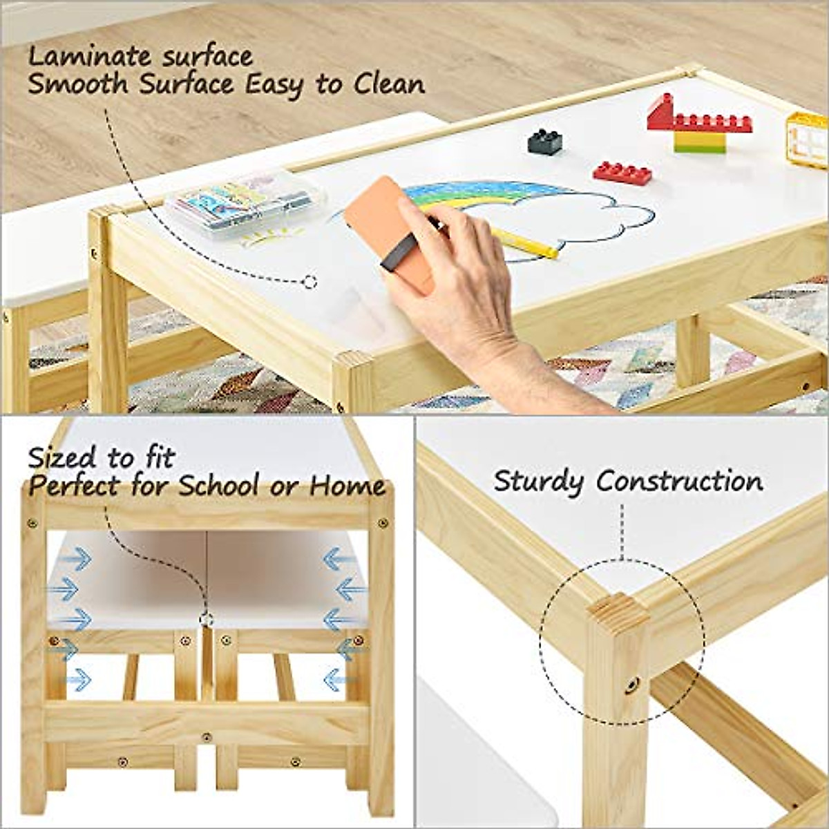 MUSEHOMEINC Kids Activity Table and Bench Set,Drawing and Painting Table for Study,Arts,Craft and Dining.3 in 1 Todder Play Table and Chair Set,Wooden Playroom and Learning Furniture