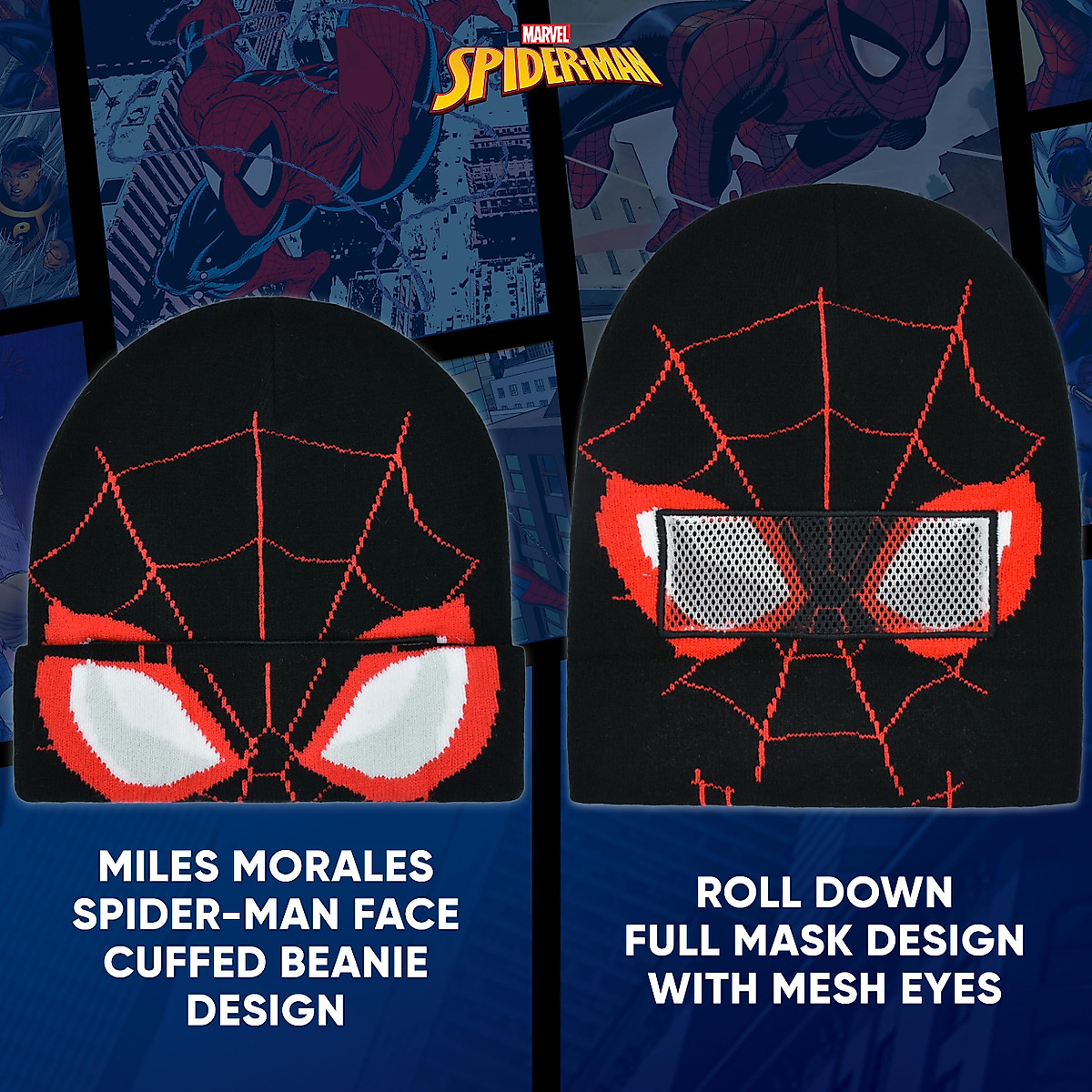 Marvel Spider-Man Miles Morales Roll Down Cuff Beanie Hat, Knitted Winter Skull Cap, Black/Red, One Size