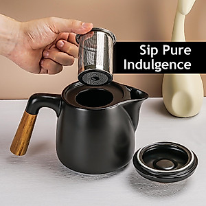 MIAMIO – 34 Oz Ceramic Tea Pot Set with Infuser and Cups/Tea Strainer, 4 Ceramic Tea Mugs (10 Oz), Bamboo Saucers/Handle for Home and Office (Black)