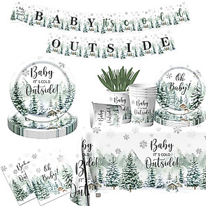Winter Baby Shower Decorations, 142pcs Baby It's Cold Outside Baby Shower Woodland Plates Napkins Tablecloth Banner Gender Reveal Baby Shower Decorations Boy Girl for Holiday Christmas