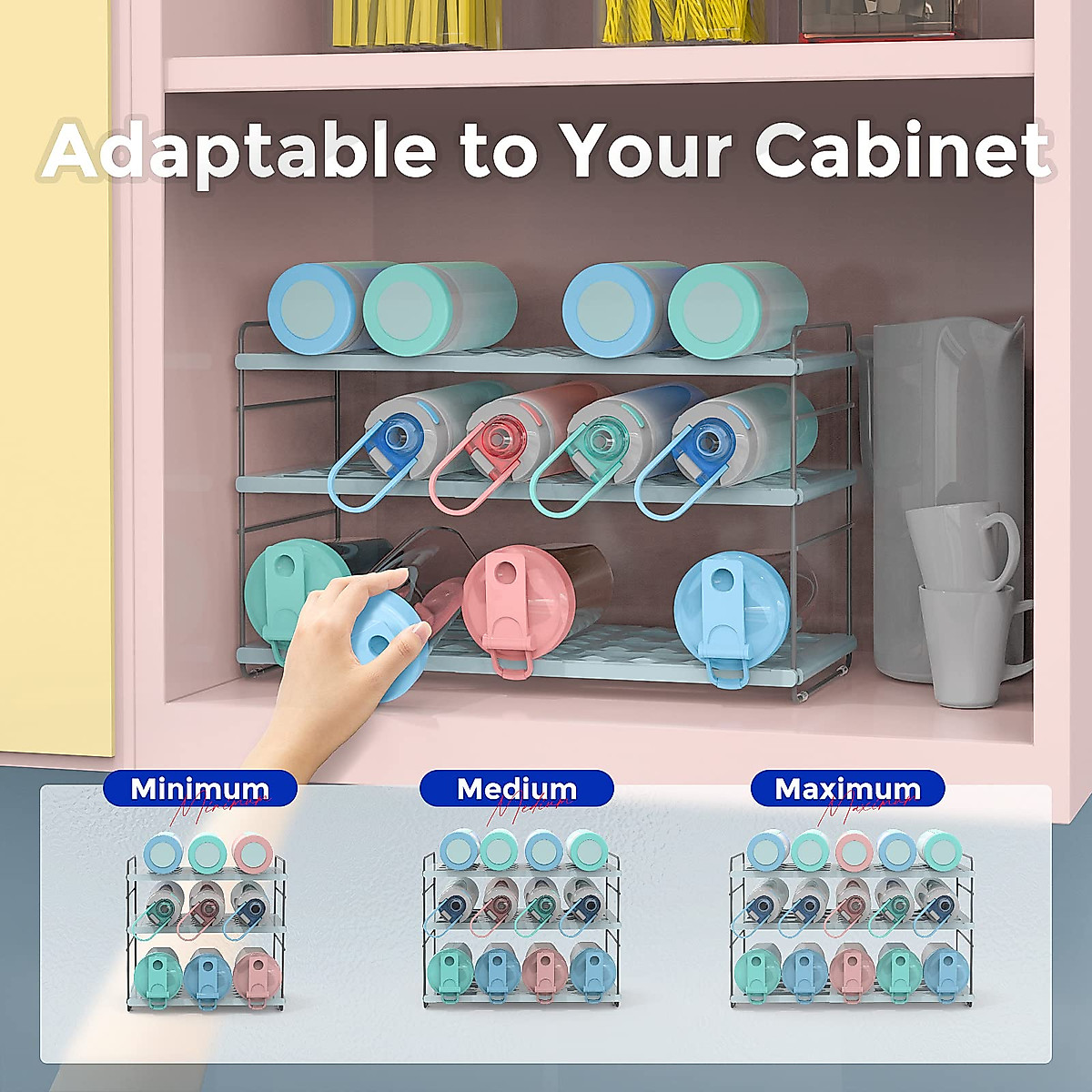 Water Bottle Organizer for Cabinet, 3-Shelf Expandable & Height Adjustable Storage Rack for Kitchen Cabinets Pantry, Tumbler Organizer for Cups with Straws, Holds 15 Bottles (Powder Blue)