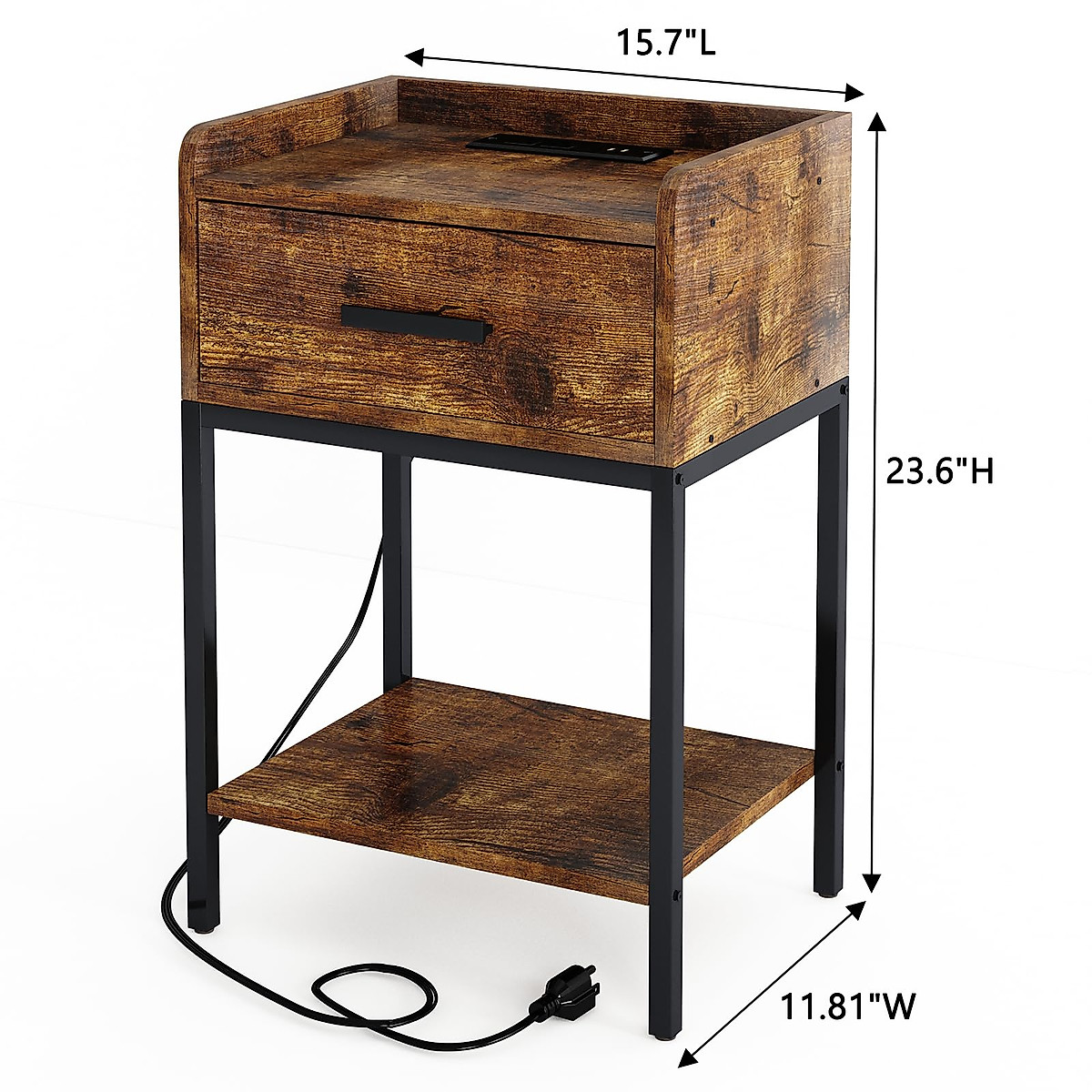 Fixwal Nightstand with Charging Station, Bedside Table with USB Ports and Outlets for Bed, 3-Tier End Table with Drawer Storage for Living Room Bedroom, Rustic Brown