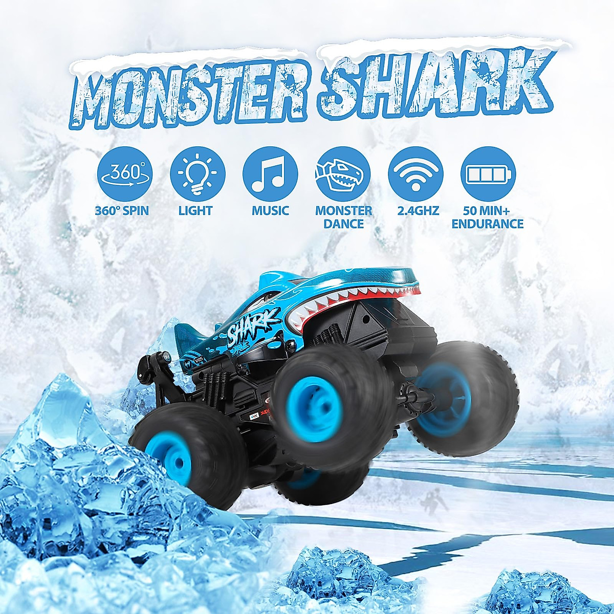 DYODYORC Remote Control Car, 2.4Ghz All Terrain Shark Monster Truck Toys, RC Truck with Music, 3 Lighting Effects, 360 Stunt Capable, All Included Ready to Run, Toy Gifts for Boys and Girls (Blue)