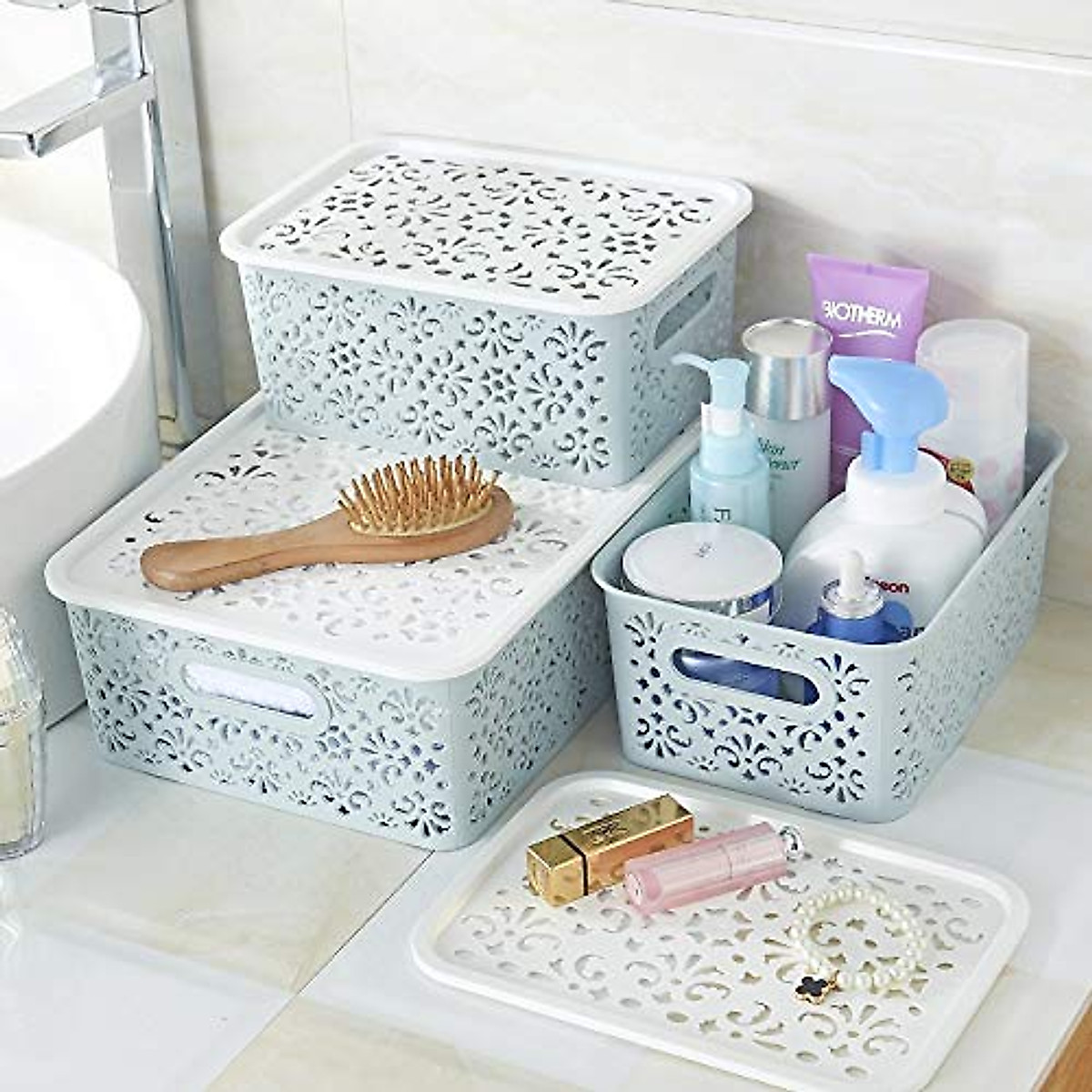 Czlsd Closet Storage Boxes Desktop Hollow Underwear Storage Box Three-Piece Household Drawer Plastic Covered Bra Underwear Socks Storage Box (Color : Blue)