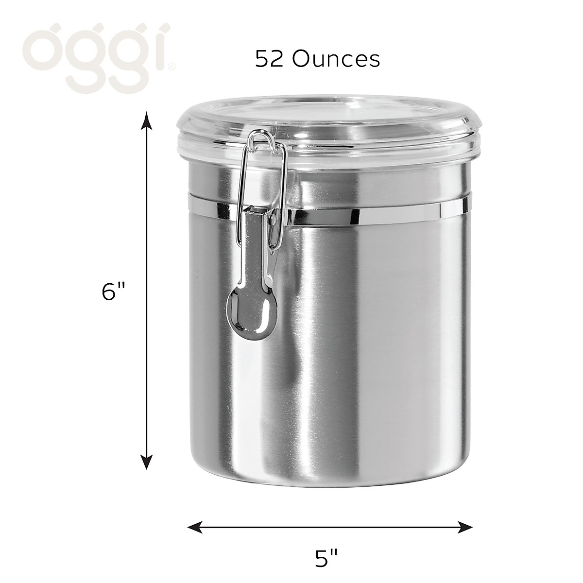 OGGI Stainless Steel Kitchen Canister 47oz - Airtight Clamp Lid, Clear See-Thru Top - Ideal for Kitchen Storage, Food Storage, Pantry Storage. Large Size 5" x 6"
