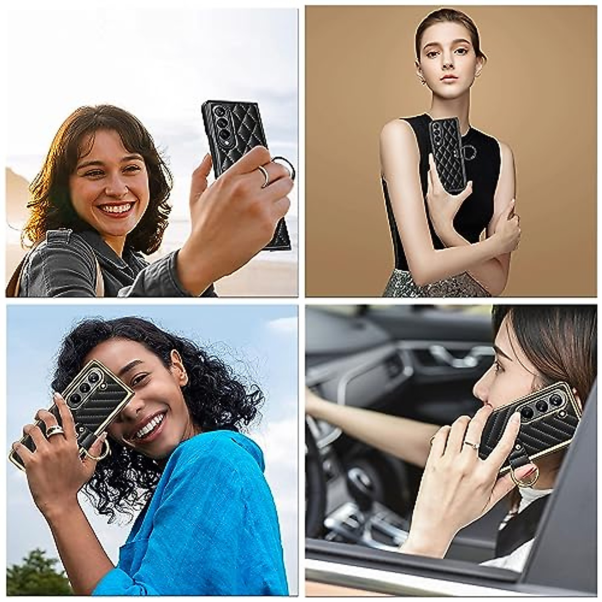 Designed for Samsung Galaxy Z Fold 5 Case with Ring Holder & Built-in Screen Protector Women Stylish Quilted Leather Luxury Gold Plated Frame Case for Samsung Z Fold 5 2023,Pink