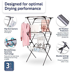 Minky Premium SureGrip 3 Tier Indoor and Outdoor Clothes Drying Rack, Lightly Textured Non Slip Rungs, 69 Ft. of Hanging Space, Silver