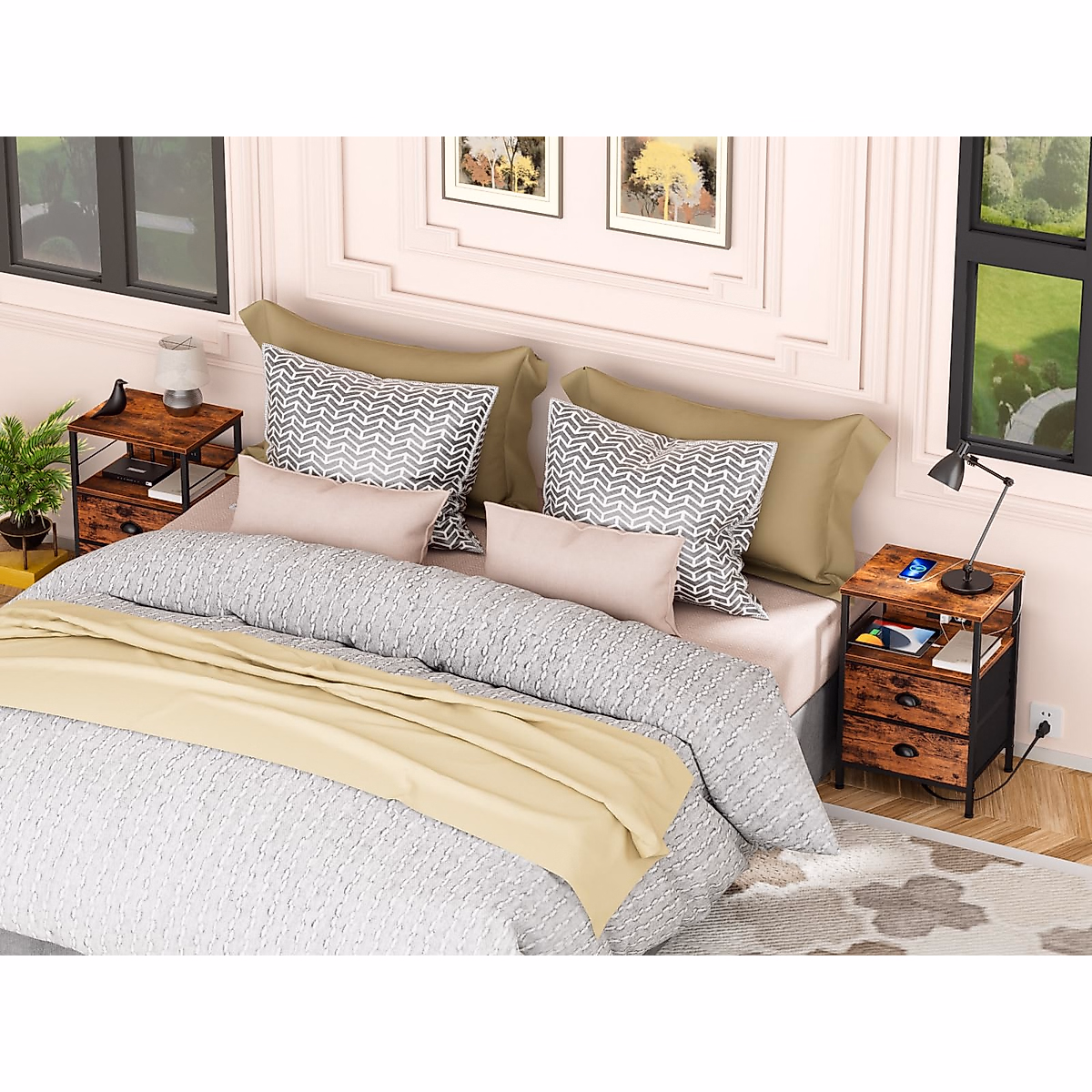 Furologee End Table with Charging Station, Nightstand with Fabric Drawers, Side Table with USB Ports & Outlets, Night Stand with Storage Shelf & Hooks, for Living Room/Bedroom, Rustic Brown