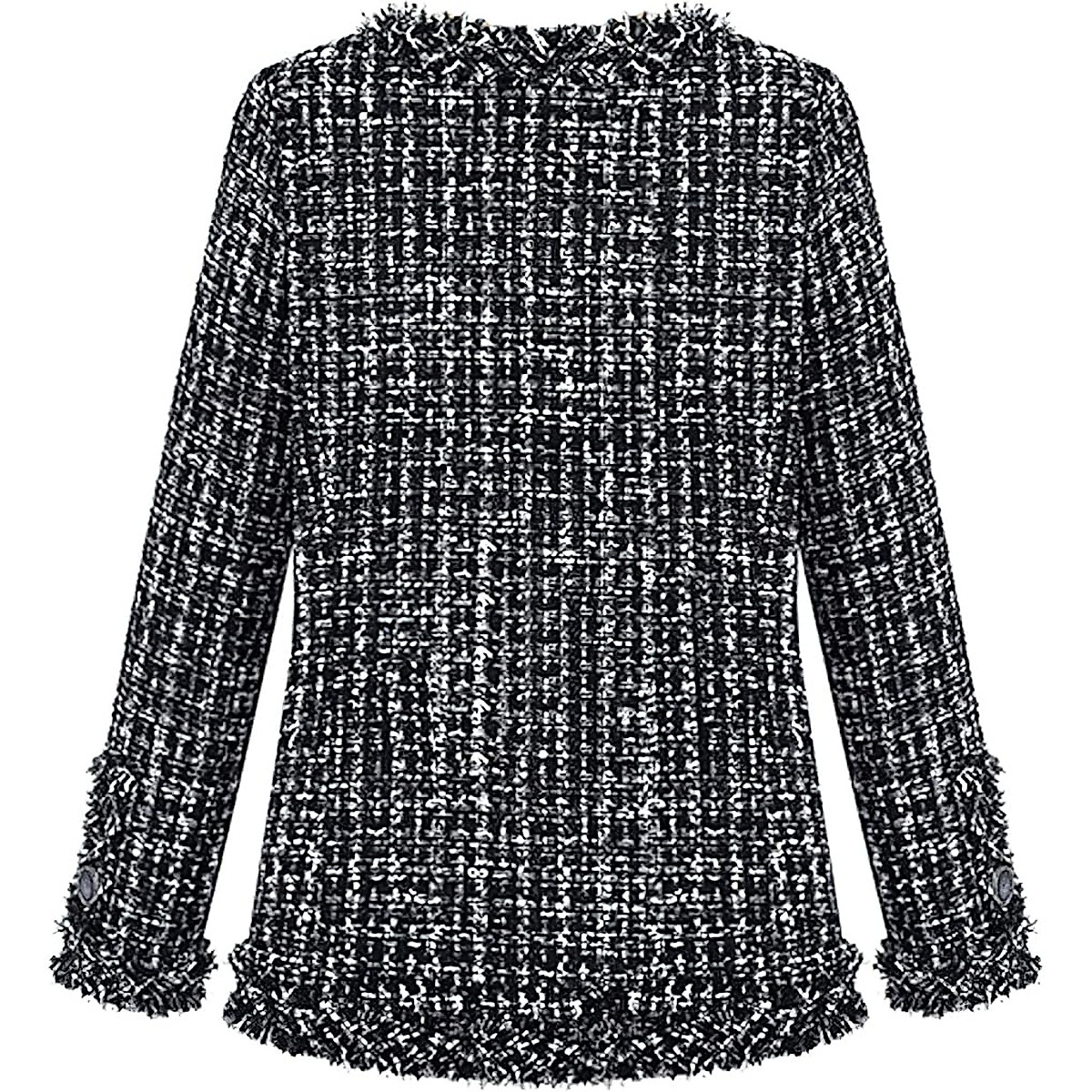 ebossy Women's Elegant Open Front Round Neck Fringed Plaid Tweed Jacket (Large, Black)