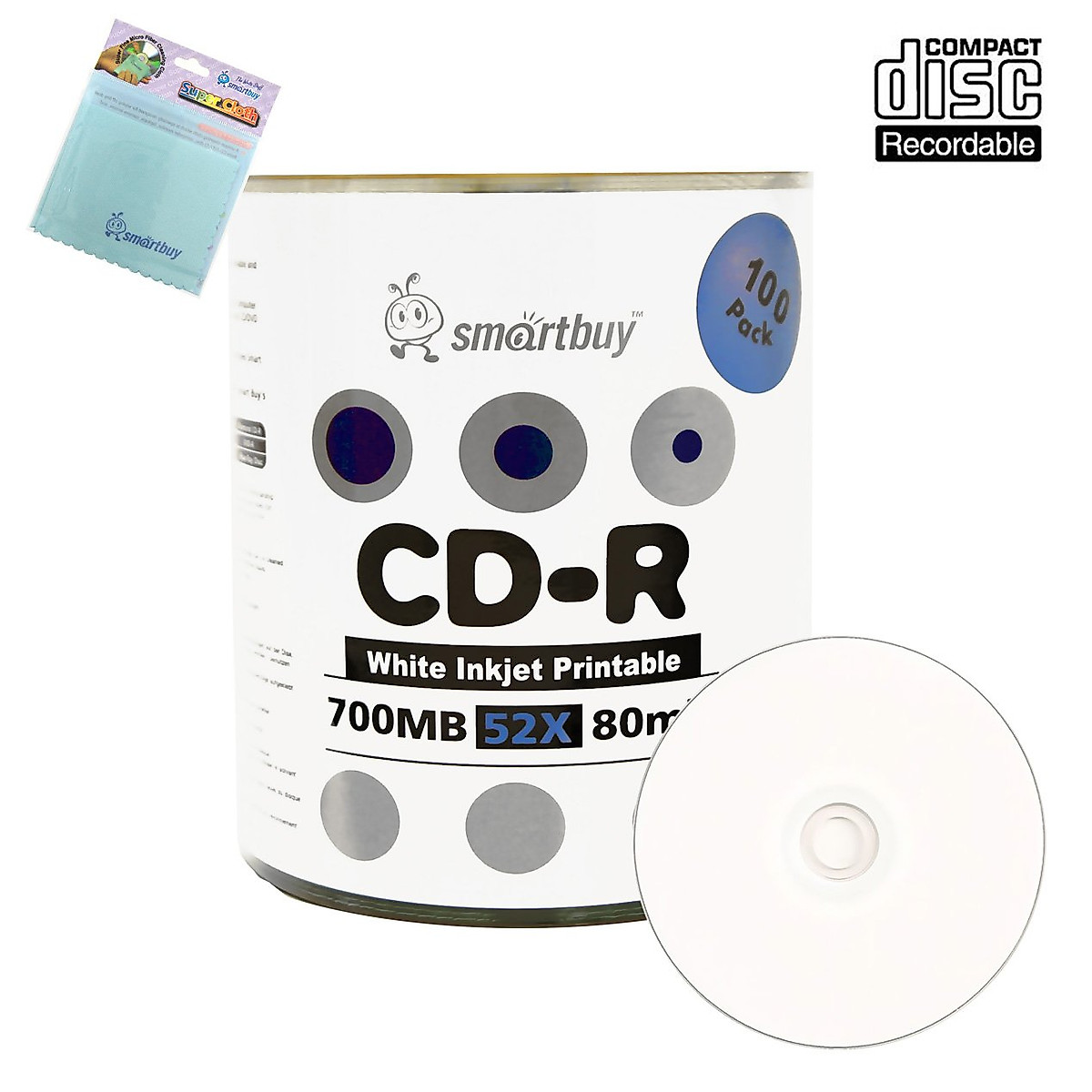 Smartbuy 100-disc 700mb/80min 52x CD-R White Inkjet Hub Printable Recordable Disc + Free Micro Fiber Cloth