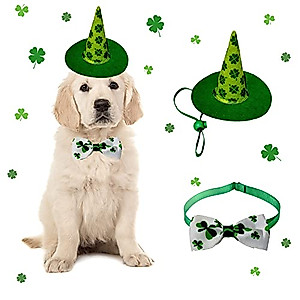 St Patricks Day Dog Costume,St Patrick's Day Cat Dog Hat with Collar,Green Shamrock Cat Dog Hat,St Patricks Day Puppy Outfit Bow Tie,St Patrick Costume for Dogs Puppy Cat Pet Party Dress-up Cosplay