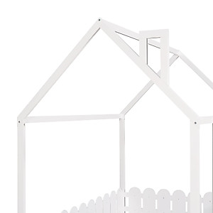 Harper & Bright Designs House Full Bed for Kids, Full Size Bed Frame with Pine Wood Roof, Fence-Shaped Guardrails, Cabin Bed, Floor Bed for Kids, Teens (White, Full Size)