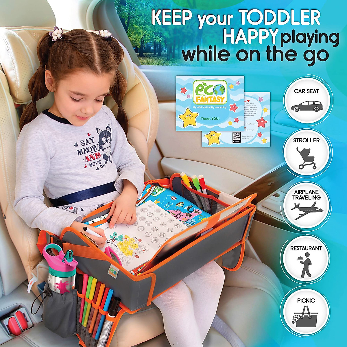 ECOFANTASY 2 PK Kids Travel Tray w/Dry Erase Top - Car Seat Travel Tray Table for Toddler - Travel and Road Trip Essentials Kids - Car Lap Desk with Storage