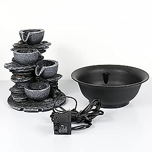 Xpiyaer 10.6” High Cascading Tabletop Fountain w/LED Light - 4-Tier Bowls Rock Water Fountains Indoor Small Relaxation Waterfall Feature for Home, Office and End Table Decoration (10.6" high, Gray)
