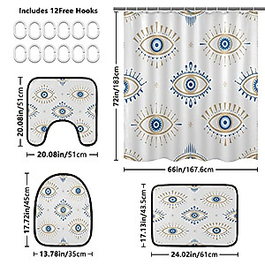 Vnurnrn 4PCS Evil Eyes Pattern Shower Curtain Set with Non-Slip Rugs, Toilet Lid Cover and Bath U-Shaped Mat, Bathroom Decor Set Accessories Waterproof Shower Curtain Sets with 12 Hooks