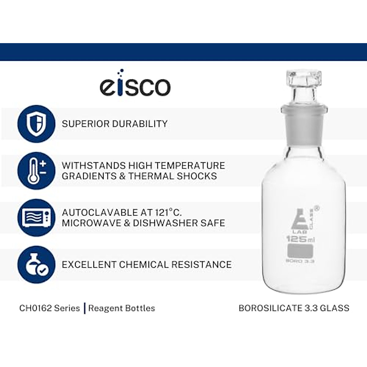 EISCO Reagent Bottle, 2000ml, 34/35 Interchangeable Hexagonal Hollow Stopper - Narrow Mouth - Borosilicate Glass Labs