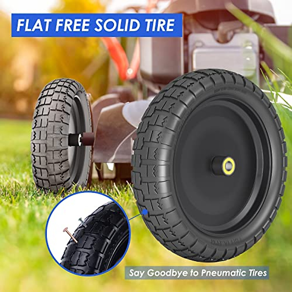 (2-Pack) 13‘’ Tire for Gorilla Cart Replacement Wheels, Flat Free Solid Wheelbarrow Tires for Heelbarrow, Garden Cart, Trolleys, Hand Trucks and Yard Trailers, 5/8 Inch Axle Borehole and 2.1” Hub