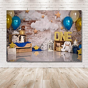 MEHOFOTO Blue and Gold Boy One Birthday Photo Studio Portrait Backdrop Props Balloons Cloud Stars Retro Wall Happy 1st Birthday Party Decorations Photography Background Banner 7x5ft