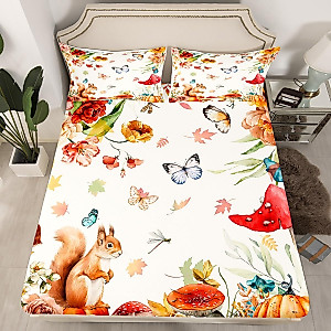 Erosebridal Cute Squirrel Comforter Set Full Size for Girls Women Fall Decor Sheet Set Thanksgiving Day Gifts Fitted Sheet Fall Season Flat Sheet 4 Piece Lovely Butterfly Mushroom Floral Sheets