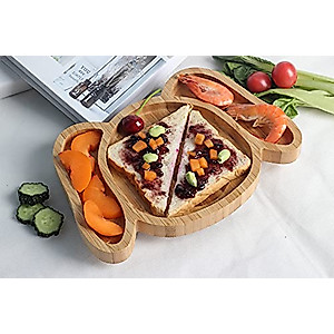 Baby Bamboo Plates with Suction Toddler Cute Dog Plates Natrual Bamboo Feeding Dishes for Kids Children (Pink)