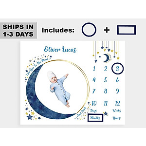 Personalized Baby Milestone Blanket 50x40 Moon and Stars Boys, Customized Milestone Blanket, Monthly Milestone Blanket, Baby Photo Prop Blanket, Baby Growth Age Chart, Baby Shower Keepsake Gift