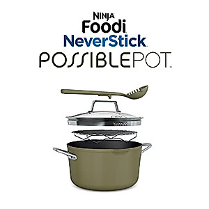 Ninja CW202GN Foodi NeverStick PossiblePot, Premium Set with 7-Quart Capacity Pot, Roasting Rack, Glass Lid & Integrated Spoon, Nonstick, Durable & Oven Safe to 500°F, Olive Green