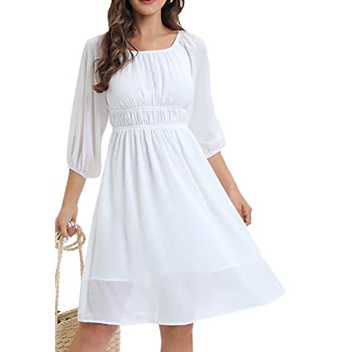 Sureple White Wedding Guest Dresses for Women Off The Shoulder Long Sleeve High Waist Swing Chiffon A Line Dress for Beach(SP161-White-XL)