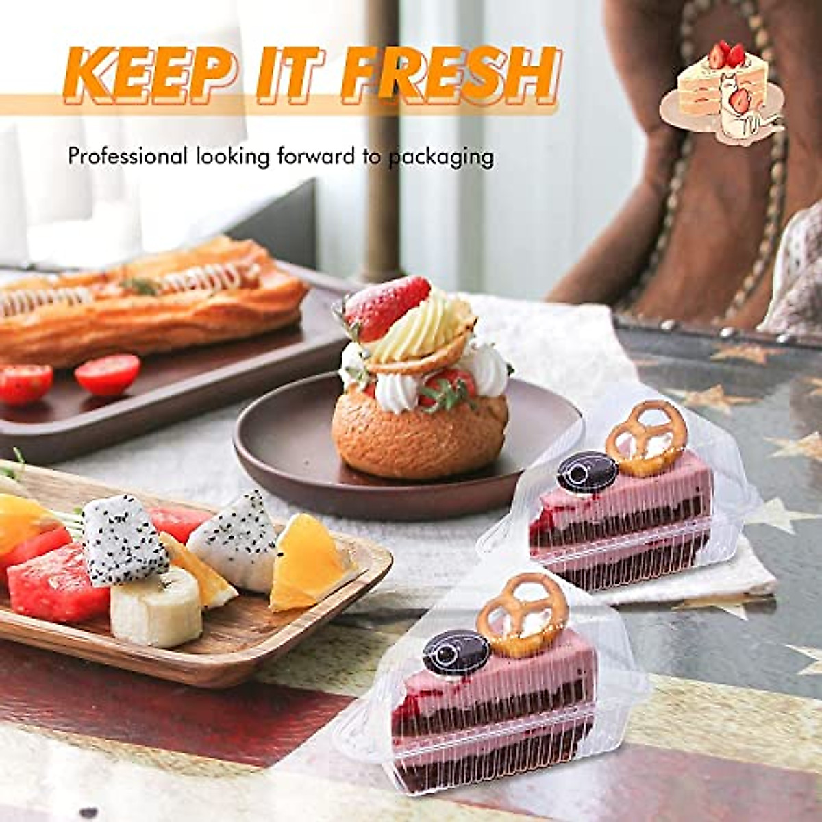 50 Pcs Cake Slice Containers with Lids Clear Plastic Hinged Cheesecake Containers Individual Disposable Triangle Cake Boxes for Pie Slice Cheesecake, Tres Leches, Flan, Desserts - Take Out