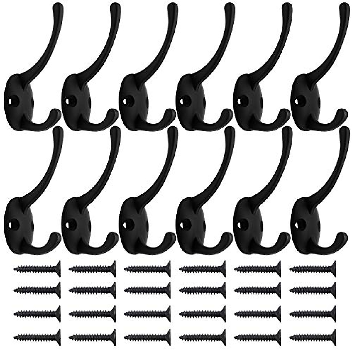 IBosins 12 Pack Black Coat Hooks Wall Mounted with 24 Screws Retro Double Hooks Utility Black Hooks for Coat, Scarf, Bag, Towel, Key, Cap, Cup, Hat