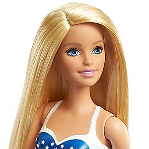 Barbie Beach Blonde Doll in White One-Piece Swimsuit with American Flag Inspired Pattern Kids Toy GPB17