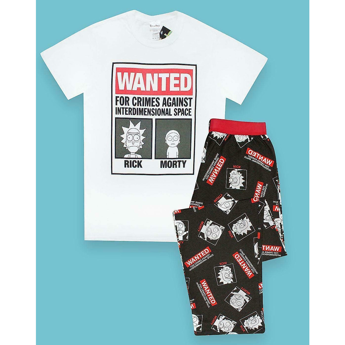 Rick and Morty Mens Pyjama Set | Wanted Poster Short Sleeve Graphic Tee & Long Leg Print PJs | Sci-fi Comedy Merchandise Multicoloured