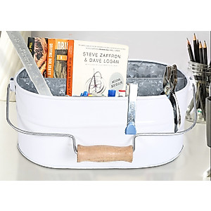 Goroly Home Galvanized Utensil Caddy with Wooden Handle for Kitchen Counter, Silverware Organizer for Flatware, Condiments, Party Supplies - White