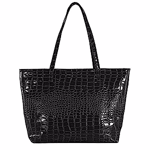 Danse Jupe Women Crocodile Faux Leather Tote Shoulder Bag Soft Top Handle Satchel Purse,Big Capacity Solid Handbag,Black