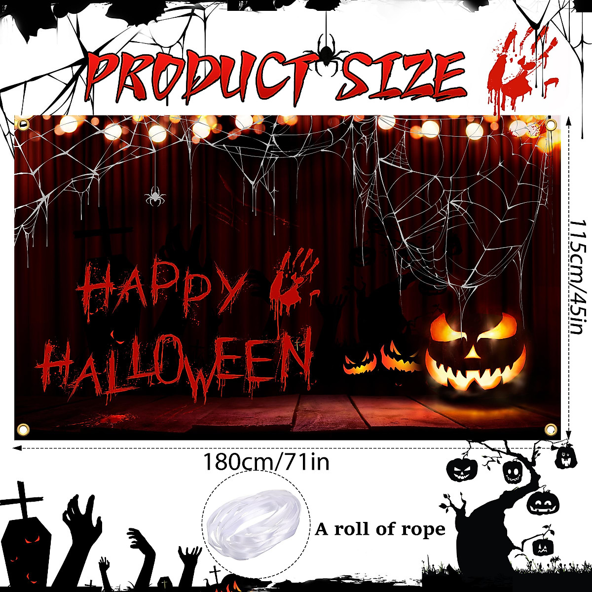 Tokcousun Happy Halloween Banner, 71x45 Inch Handprint Bloodstain Happy Halloween Backdrop, Scary Happy Halloween Backdrop Party Decorations Pumpkin Halloween Banner for Halloween Wall Photo Booth Decorations Indoor Outdoor