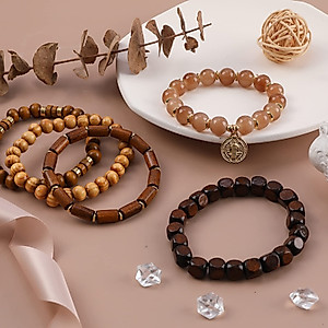 Bohemian Wood Beaded Bracelets for Women Natural Stone Boho Stretch Wooden Bracelet Set Religious Charm Multilayered Bead Strand Elastic Stackable Bracelets Handmade Jewelry Gifts for Men and Women