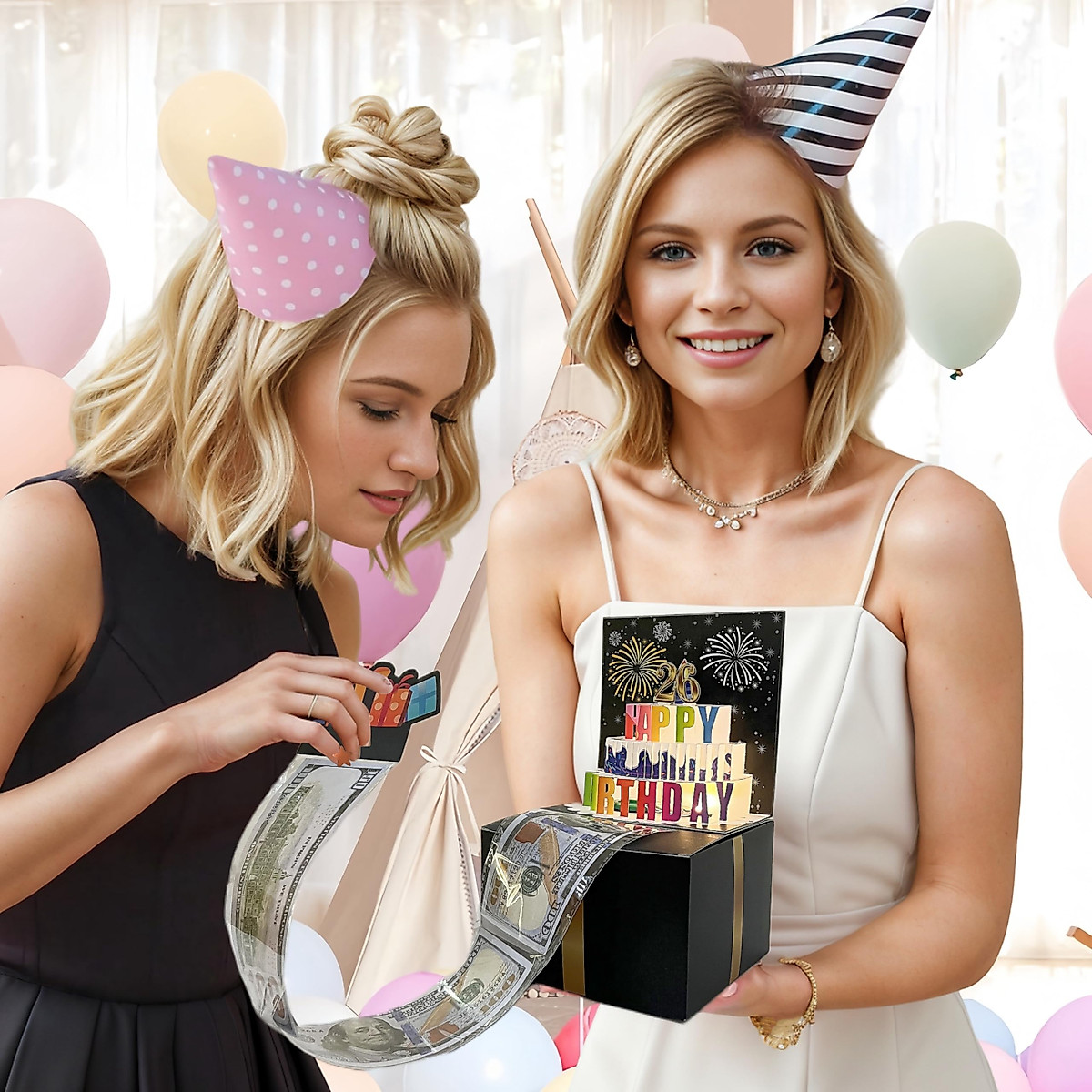 JINSTABAG Money Box for Cash Gift, Birthday Money Pull Box with Music Light DIY Sticker 13th 16th 18th 21th Any Age and Banner, Birthday Decorations for Boys Girls Kids Adult ﻿