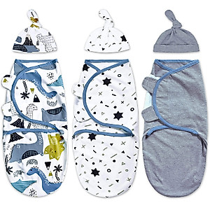 SEZUO Boys Swaddle Set, Large, 3pcs Wrap Blankets with 3pcs Baby Cotton Caps,3-6 Months (Doodle Dinosaur)