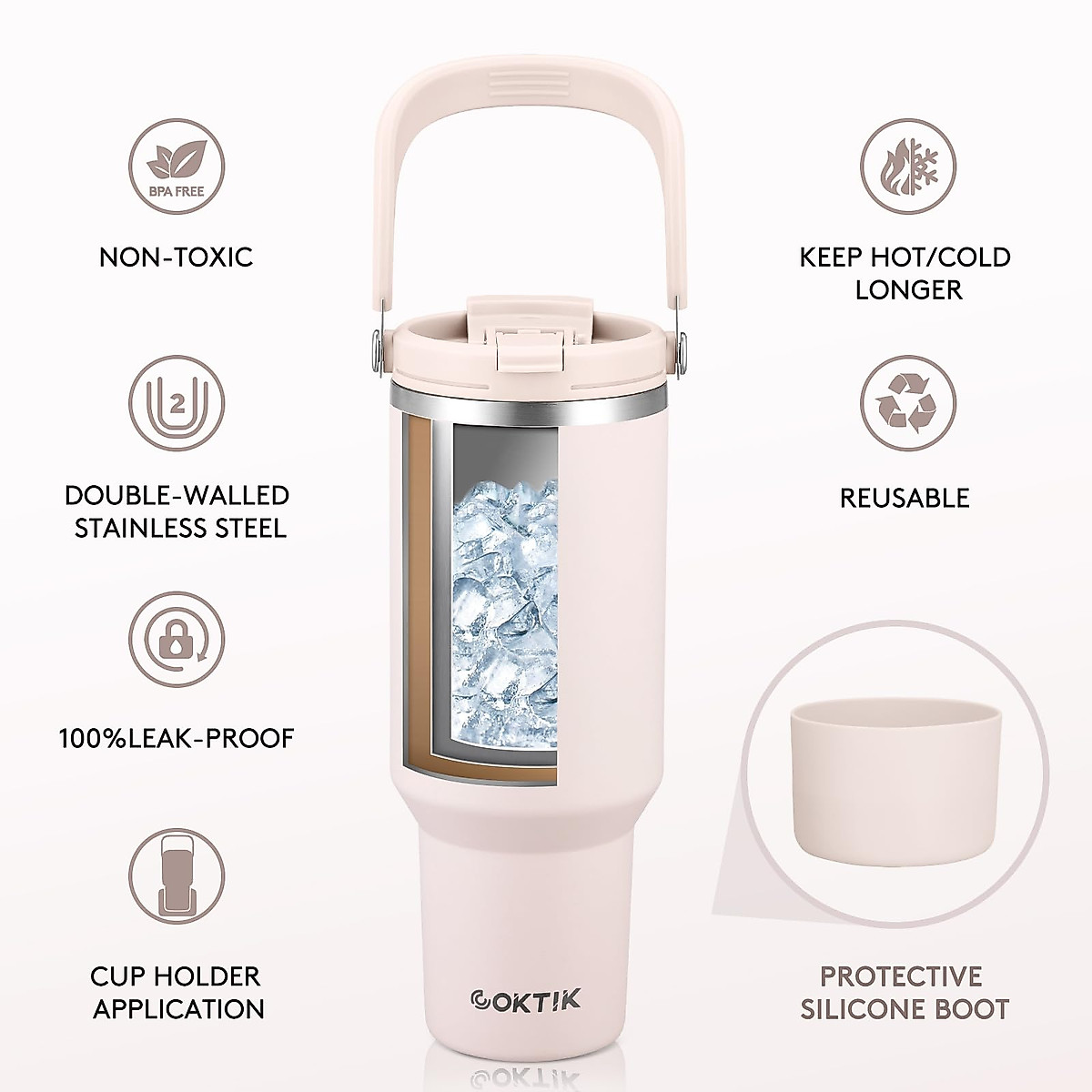 COKTIK 40 oz Tumbler with Handle and Straw, Double Insulated Tumblers with Flip Straw and Top Handle, Leakproof Tumbler, Stanley Cup, Insulated Water Bottle (Rose Quartz)