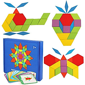 KanCai 155PCS Wooden Pattern Blocks Set Geometric Shape Puzzles Classic Educational Toys Tangrams Set for Kids Ages 3-8 with 24 Pcs Design Cards