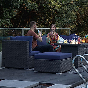 NICESOUL® Large 9 Piece Outdoor Patio Furniture Set with Fire Pit Table,29.3'' High Back Rattan Modular Sectional Sofa Set with Natural Gas/Propane Firepit Navy,2 Colors Cushions