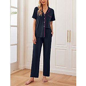 Ekouaer Womens 2-Piece Casual Button Down Nightwear Short Sleeve Pajama Set, Deep navy blue, Medium
