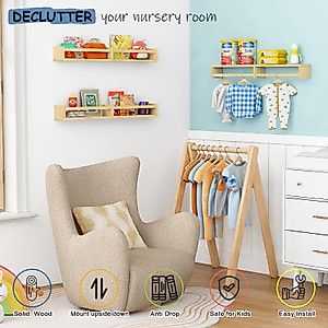 Harwaya Floating Nursery Book Shelves for Wall, 32 Inch Long Wall Bookshelf for Kids Room Bedroom, Wooden Large Wall Shelf with Hanging Rod for Baby Toddler Child Clothes (3-Pack, Natural Wood)