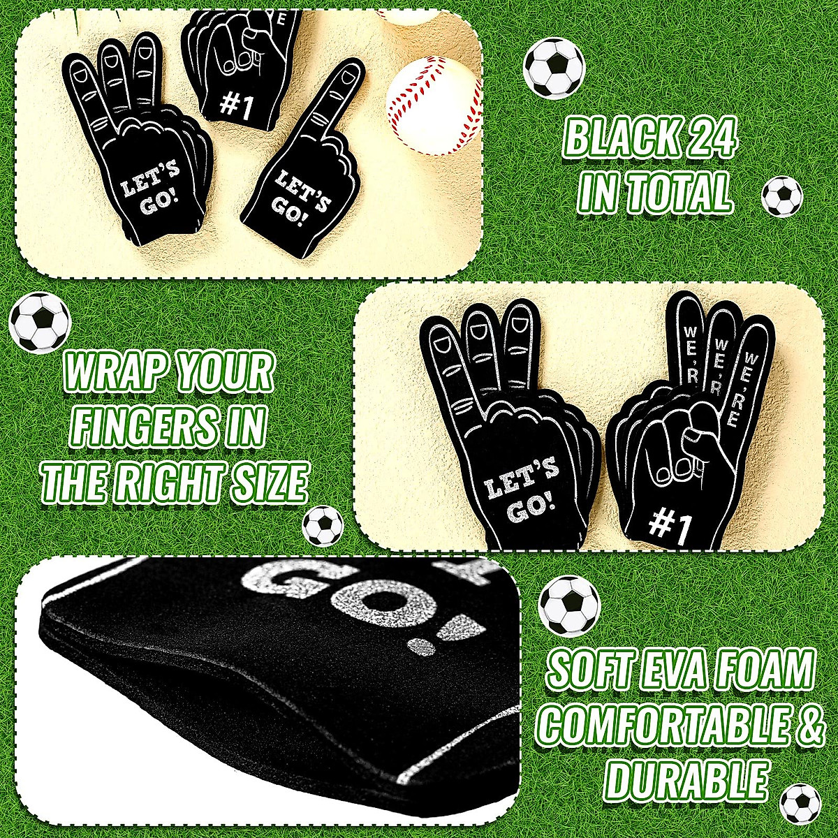 Sinmoe 24 Pcs Mini Foam Finger Sport Fan Foam Mini Finger, We're #1 Sports Themed Party Supplies for Baseball Basketball Soccer Events Team Gifts(Black)