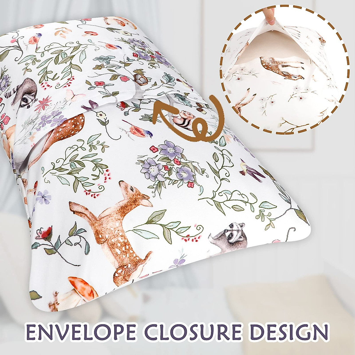 CARUILI 2 Pack Toddler Pillowcases Fit 14 x19, 14 x 20 Iches Kids Pillow, Soft & Breathable Small Pillow Cases for Kids Boys Girls, Envelope Closure Travel Pillow Cover, Woodland Animal