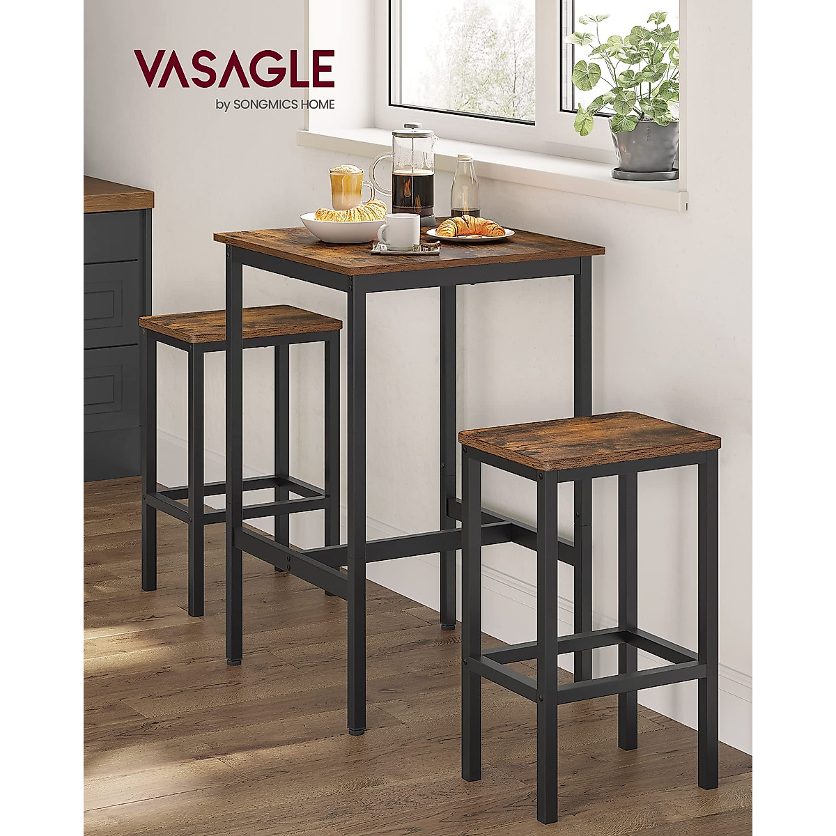 VASAGLE Bar Table and Chairs Set, Square Bar Table with 2 Bar Stools, Dining Pub Bar Table Set for 2, Space Saving for Kitchen Breakfast, Living Room, Party Room, Rustic Brown and Black