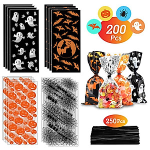 ERKOON 200pcs Halloween Candy Bags Pumpkin Spider Web Bat Ghost Print Candy Bags Halloween Treat Candy Twist Ties Gift Bags Kids Candy Bags for Halloween Party