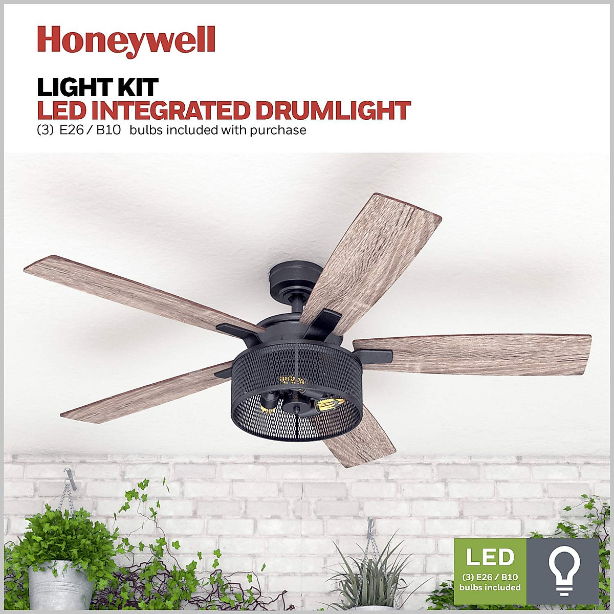 Honeywell Ceiling Fans Carnegie, 52 Inch Industrial Style Indoor LED Ceiling Fan with Light, Remote Control, Dual Mounting Options, 5 Dual Finish Blades, Reversible Airflow - 50614-01 (Matte Black)