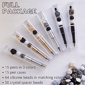 Beadable Pens Bulk Beaded Ballpoint Pens with Silicone Beads & Pen Cases, DIY Bead Pens with Assorted Beads & Pen Cover, Craft Pen Making Kit Gift (15 pieces)
