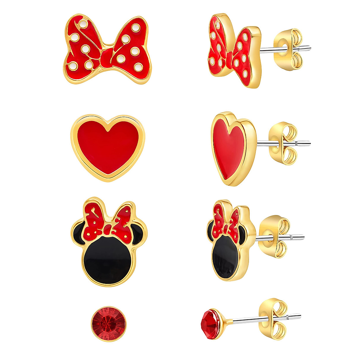 Disney Minnie Mouse Girls Earrings 4-Pack Official License, Red Crystal and Enamel-Plated Stud Earrings for Girls